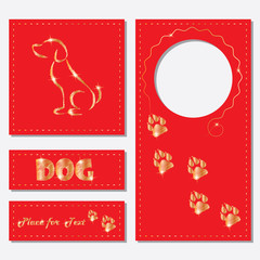 Sewing fabric with A set of postcards, labels with a picture of a dog ...