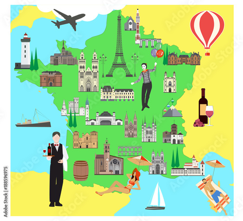 "France travel map with sights flat style vector illustration. Popular ...