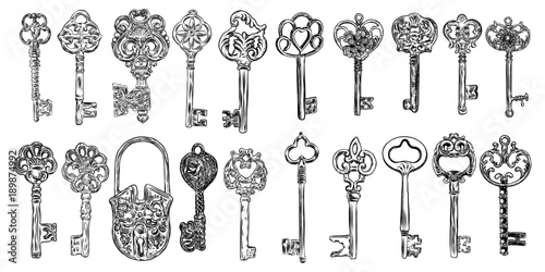 "Set of hand drawn antique keys. Sketch style of vintage key on white ...
