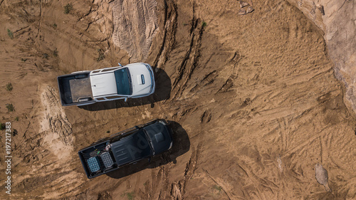 "Aerial view of off-road car vehicles, Outdoor motor sport 4x4 travel ...