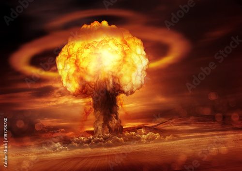 "A nuclear bomb explosion causing shock waves. Mixed media illustration ...