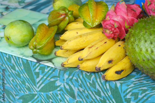 "Tropical exotic fruit selection placed on a table in Rarotonga Cook ...