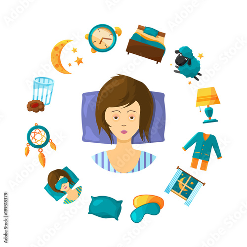 "Vector sleeping disorder concept illustration with cartoon sleep ...