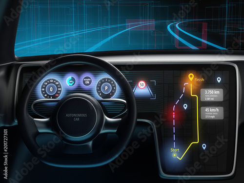 "Digital dashboard of autonomous car, driverless car technology. 3D ...