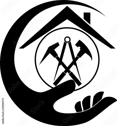 "Dachdecker Werkzeuge und Hand, Aufkleber, Label, Dachdecker Logo ...