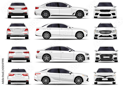 "realistic cars set. sedan. front view; side view; back view." Stock ...