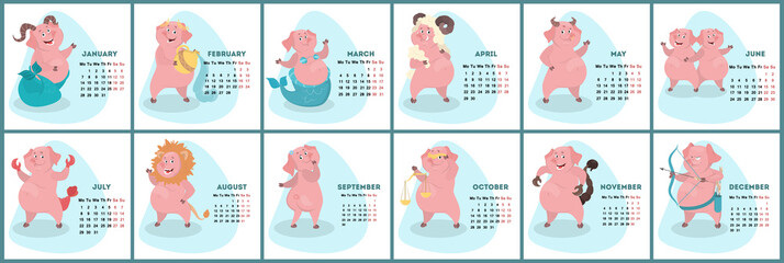 Calendario de cerdo para 2019. calendario de mes lindo con signos del ...
