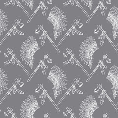 Sewing fabric with War bonnet, Tomahawk, feather birds. Ethnic seamless ...