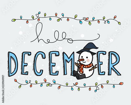 "Hello December word snowman and colorful light bulb vector ...