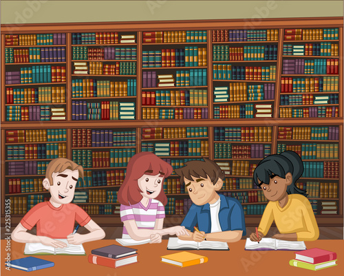 "Cartoon teenager students with books on big library. Kids studying ...