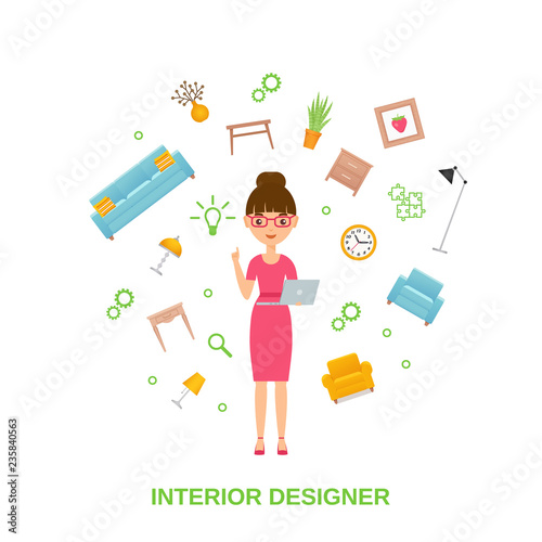 "Female interior designer with furniture floating around. Vector ...