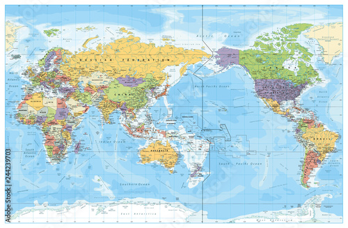 "Pacific Centred World Political Map. Countries and capitals, cities ...