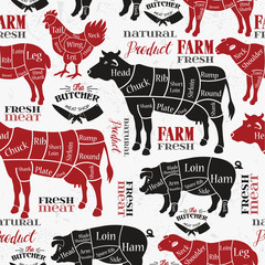 Sewing fabric with Meat cuts. Diagrams for butcher shop. Animal ...