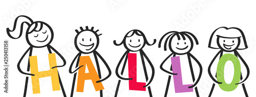 "HALLO, Strichfiguren halten Buchstaben zur Begrüßung" Stockfotos und ...