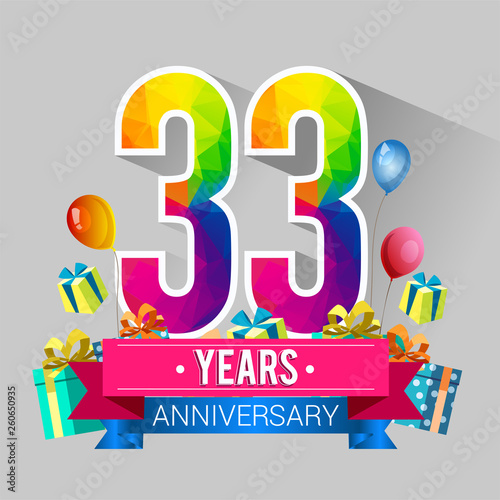 "33 Years Anniversary Celebration Design, with gift box and balloons ...