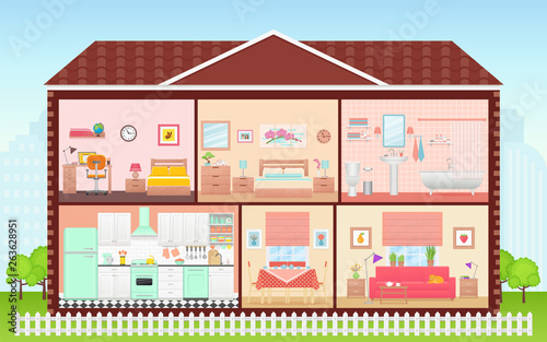 "House inside, room interior. Vector. Cartoon house cross section. Home ...