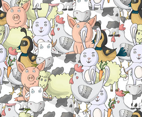 Sewing fabric with Farm animals collection seamless pattern with cow ...