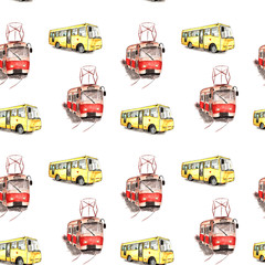 Sewing fabric with Watercolor illustration of a red tram and yellow bus ...
