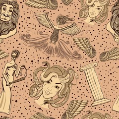 Sewing fabric with Hand drawn seamless pattern in Greek style. Goddess ...