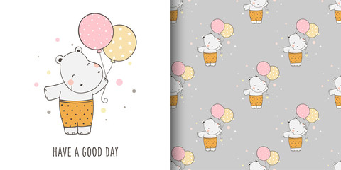 Sewing fabric with Draw greeting card and print pattern of hippo for ...