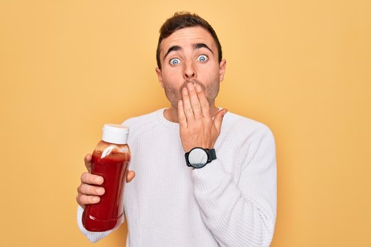 Sad Tomato Reacting to Ketchup Spilled from Bottle - Free Stock Photo ...