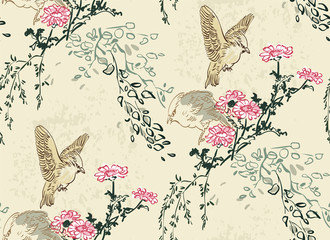 Sewing fabric with birds tree branch nature landscape view vector ...