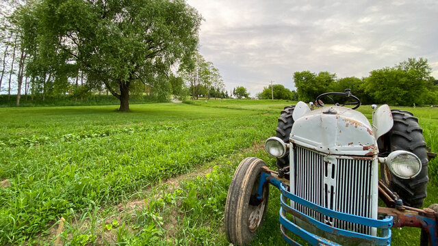 Old Tractor in Lush Green Field Amidst Dense Trees Under Clear Sky ...