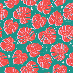 Sewing fabric with Red monstera leaves on a green seamless pattern ...