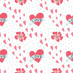 Sewing fabric with Love seamless pattern. Pink flowers and hearts with ...
