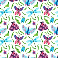 Sewing fabric with Insects seamless pattern. Cartoon doodle bright ...