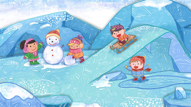 Kids Playing In Snow Drawing