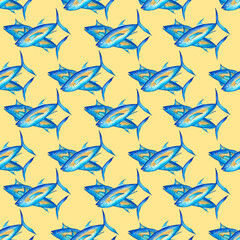 Sewing fabric with Blue tuna fish on a yellow background. Seamless ...