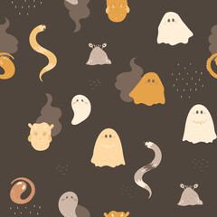 Sewing fabric with Cute ghosts and monsters, seamless pattern. Kids ...
