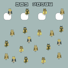 Sewing fabric with How many counting game with funny owl. Worksheet for ...