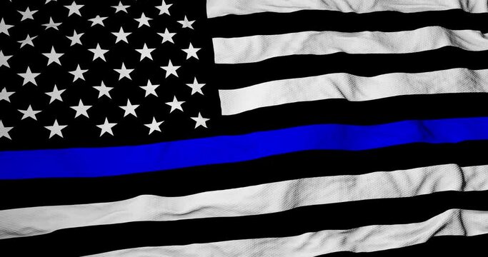 Full frame close up on a waving black and white American flag with a blue stripe in 3D rendering
