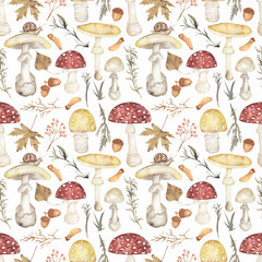Sewing fabric with Mushrooms Seamless Pattern, Watercolor hand drawn ...