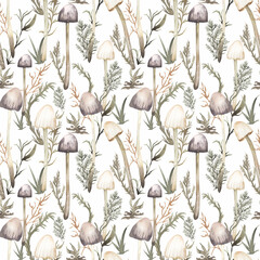 Sewing fabric with Mushrooms Seamless Pattern, Watercolor hand drawn ...