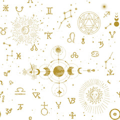 Sewing fabric with Seamless esoteric pattern. Astrological, magical and ...