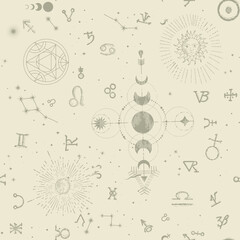 Sewing fabric with Seamless esoteric pattern. Astrological, magical and ...