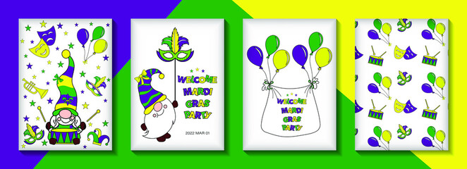 Sewing fabric with Mardi Gras party posters set with gnomes and ...