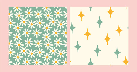 Sewing fabric with Set of seamless pattern with daisy and stars. Boho ...