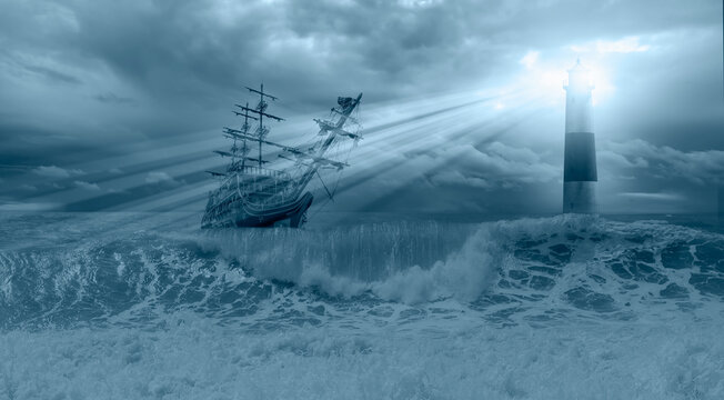 Lighthouse Storm Ship