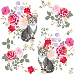 Sewing fabric with Seamless print for fabric with cats and flowers ...