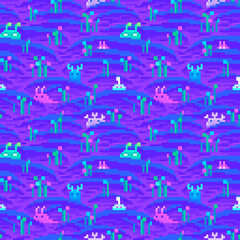 Sewing fabric with Pixel art aliens. Alien planet surface texture ...