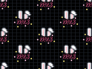 Sewing fabric with New years 2023 seamless pattern on black background ...