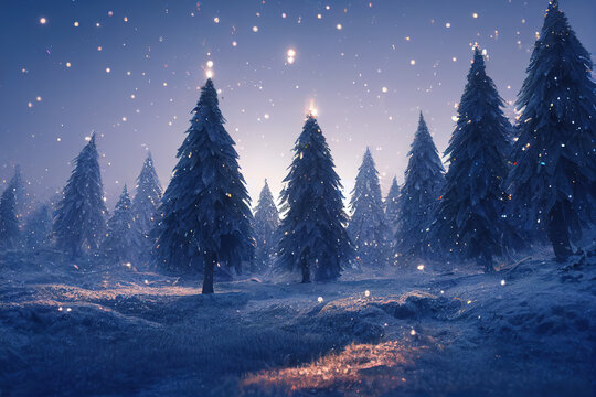 Pine Tree Snow Night