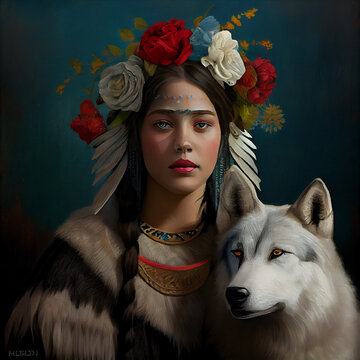 Native American Women And Wolves