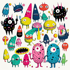 Sewing fabric with set of colorful cartoon polka dot creatures and ...