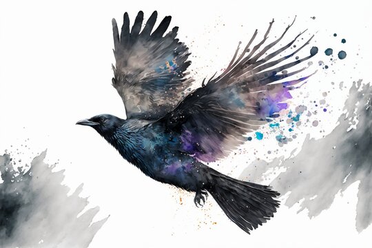 Watercolor Raven Flying