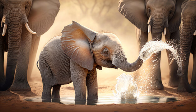 Baby Elephant Spraying Water